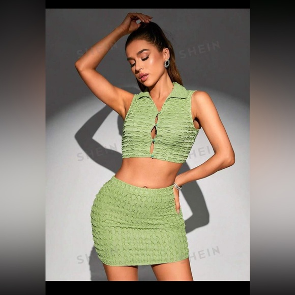 SHEIN | Skirts | Brand New Green Lettuce Vacation Skirt Set With Button ...